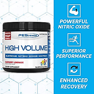 PEScience High Volume Nitric Oxide Booster Pre Workout Powder with L Arginine Nitrate, Raspberry Lemonade, 36 Scoops, Caffeine Free