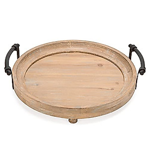 NIKKY HOME Farmhouse Round Wood Decorative Tray, Distressed Candle Tray with Metal Handles, Centerpiece Decor for Coffee Bar, Kitchen Counter, Dining Room Table - Natural Wood
