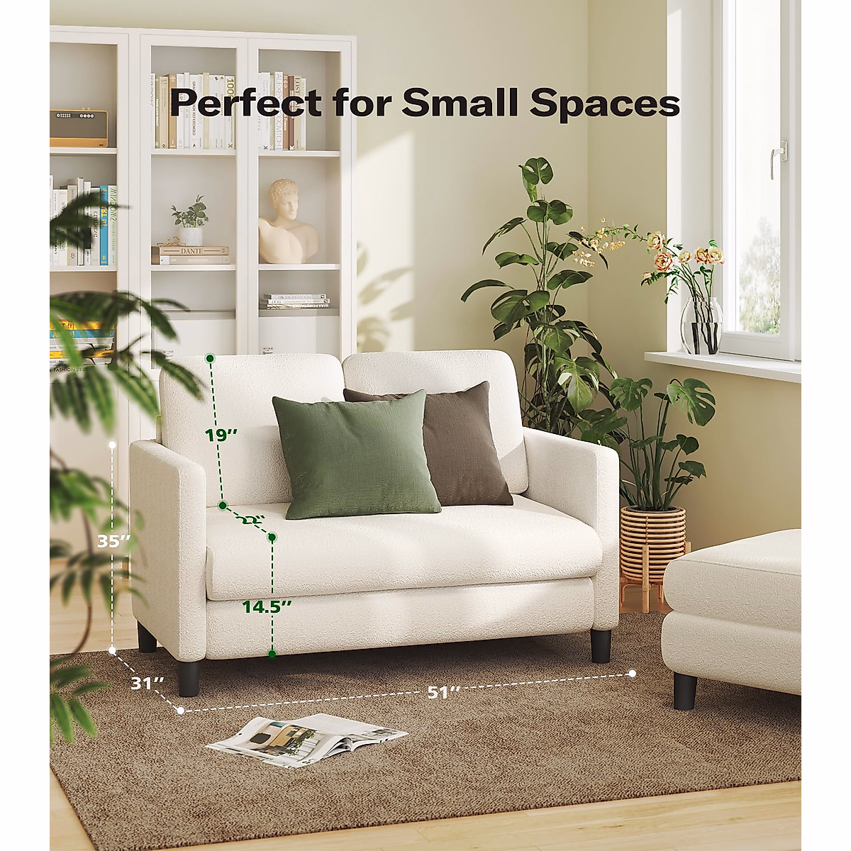 Welzona Loveseat Sofa, 51" Small Sofa Couch for Bedroom, Comfy Teddy Love Seat, Tool-Free Setup Sofas for Living Room, All-Wood Small Couches for Small Spaces, Small Couch No Pillow Include, Beige