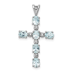 Sonia Jewels Sterling Silver Diamond & Simulated Aquamarine Cross Pendant (16mm x 24mm)