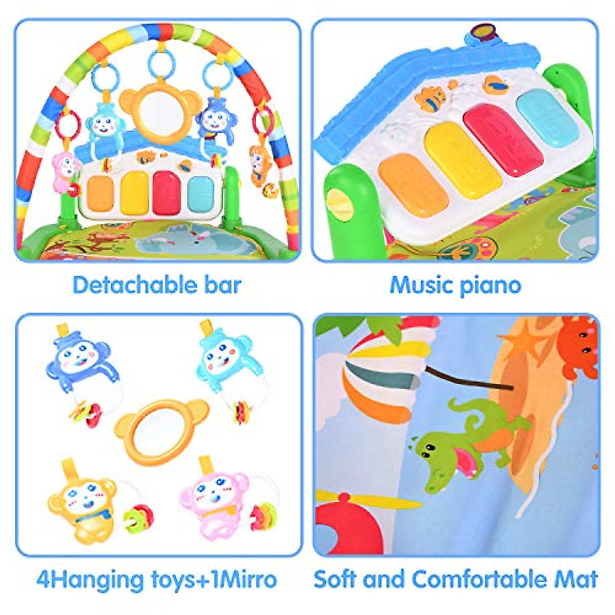 Baby Gym Play Mats with Kick And Play Piano Gym Mat, Baby Jungle Gym Activity Mat with 5 Colorful Infant Toys, Activity Center with Lights Music Mirror for Tummy Time Shower Gifts Baby Toys 3-6 Months