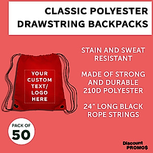 DISCOUNT PROMOS Custom Classic Polyester Drawstring Bags Set of 50, Personalized Bulk Pack - Bring Everywhere You Go, Great for Travelling, Gym and for Everyday Use - Red