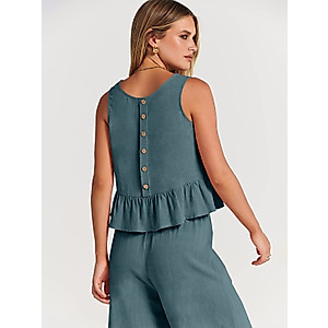 ANRABESS Women Summer 2 Piece Outfits Sleeveless Tank Crop Top Wide Leg Pants Linen Jumpsuits Lounge Matching Beach Sets Cyan Blue Large