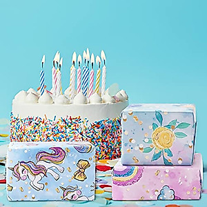 AnyDesign 12 Sheet Unicorn Wrapping Paper 6 Designs Pink Blue Unicorn Rainbow Flowers Gift Wrap Paper Bulk Folded Flat Art Paper for Birthday Baby Shower DIY Gift Packing, 19.7 x 27.6 Inch