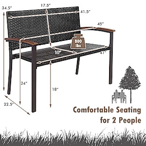 RELAX4LIFE Patio Outdoor Wicker Bench - Patio Rattan Chair w/Metal Frame, Acacia Wood Armrests, All-Weather PE Porch Bench for Garden, Backyard, Poolside, Balcony, Outdoor Loveseat (1)