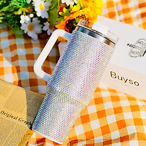 Buyso 40 Oz Bling Tumbler With Handle Rhinestones Tumbler With Lid and Straw Fix for Car Cup Holder Insulated Stainless Steel Double Wall Water Cup Travel Mug Tumblr For Women (40 oz, Shiny)