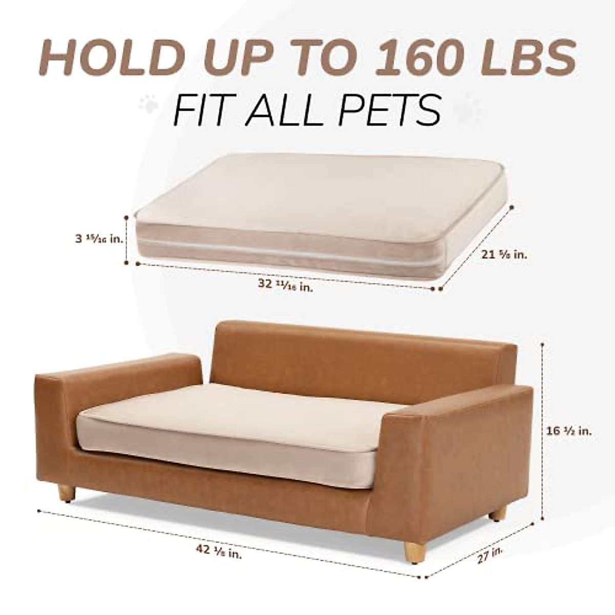 dCee Luxury Large Dog Sofa, Cat Sofas, Holds 160 Lbs, 42 in. Premium Leather Dog Bed Couch with Removable Washable Velvet Cushion for Comfort Sleep, Suitable for Different Pet Sizes