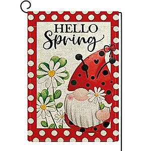 ORTIGIA Hello Spring Gnome Garden Flag Ladybug Gnome Burlap Double Sided Vertical 12x18 Inch Spring Daisy Floral Yard Decor Spring Porch Flag Farmhouse Seasonal Outdoor Flag