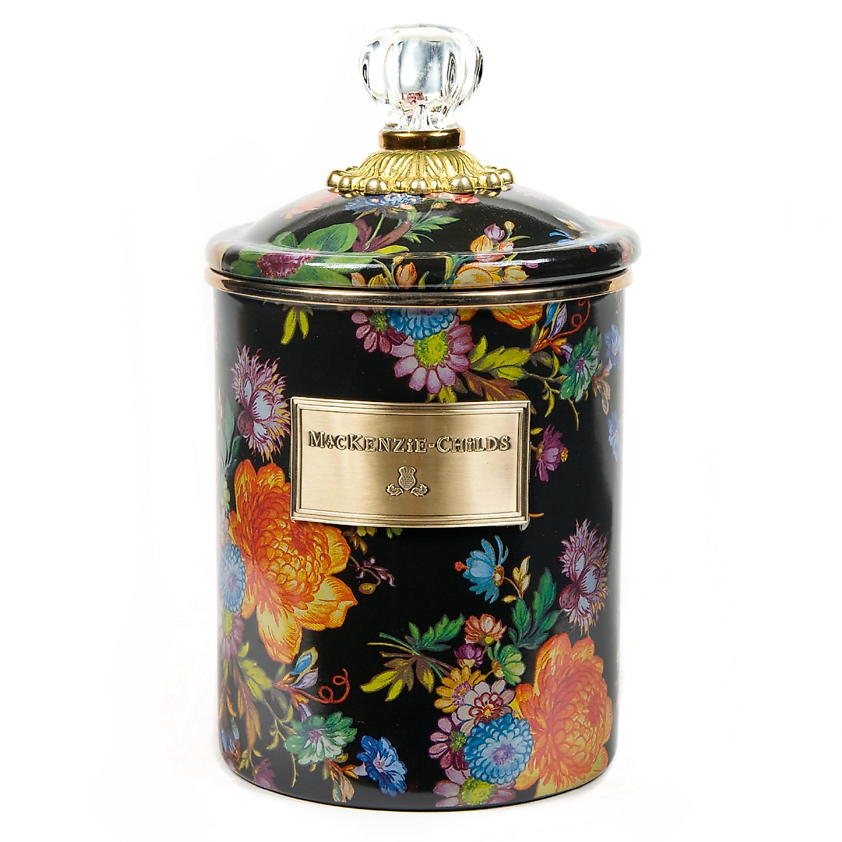 MACKENZIE-CHILDS Black Flower Market Enamel Canister, Floral Kitchen Storage Container with Lid, Medium