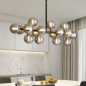 CROSSIO 16 Lights Mid Century Modern Chandelier Black Linear Chandelier Light Fixture Glass Globe Sputnik Pendant Light for Dining Room Kitchen Farmhouse (Smoke Gray Lampshade)