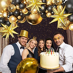 Black and Gold Balloon Arch Kit with 3pcs Starburst Balloons, 5 10 12 18 inch Black and Gold Garland Balloons for Graduation Bachelor Birthday Retirement Anniversary New Year Party Decorations