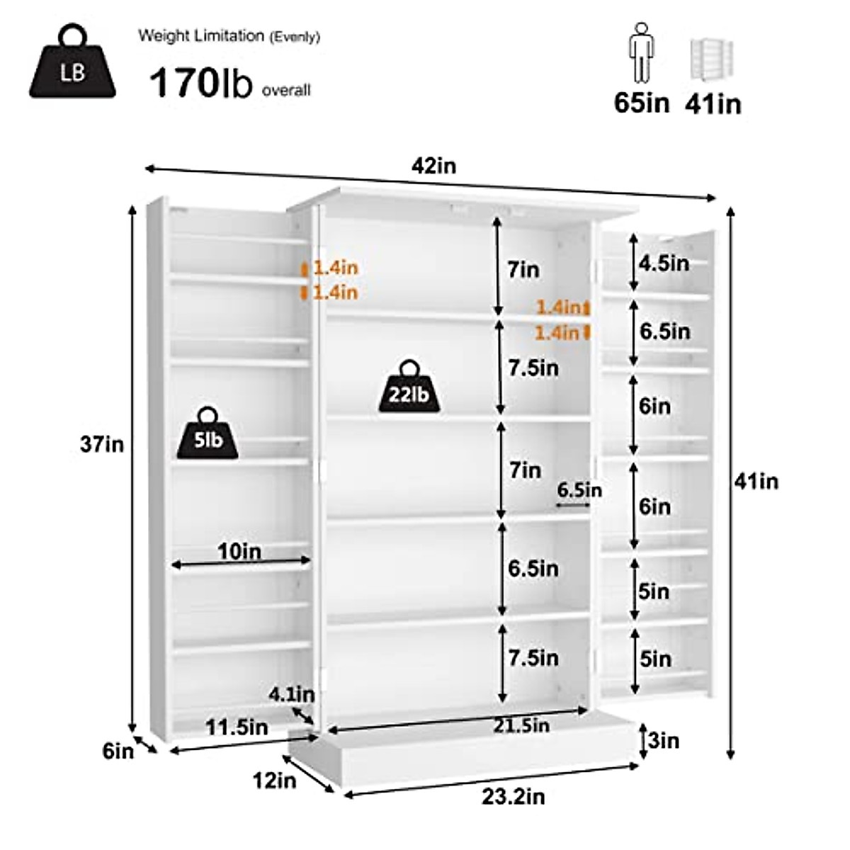 Yusong Kitchen Pantry Storage Cabinet Cupboard with Doors and 6 Adjustable Shelves for Small Space, Farmhouse Pantries Organization Cabinet for Dining Room, Living Room, White