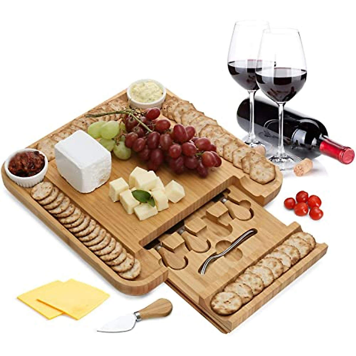 Bamboo Charcuterie Boards Cheese Board Set Premium Large Cheese Platter & Serving Tray 4 Stainless Steel Knife House Warming Gifts New Home Housewarming Gift for Her Mom Wife Women Wedding Anniversary