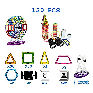 dreambuilderToy 120 Piece Magnetic Tiles, Magnet Building Blocks, STEM Educational Construction Kit，3D car and auto Magnetic Toys, Birthday Gift for Boys and Girls (120 Pieces)