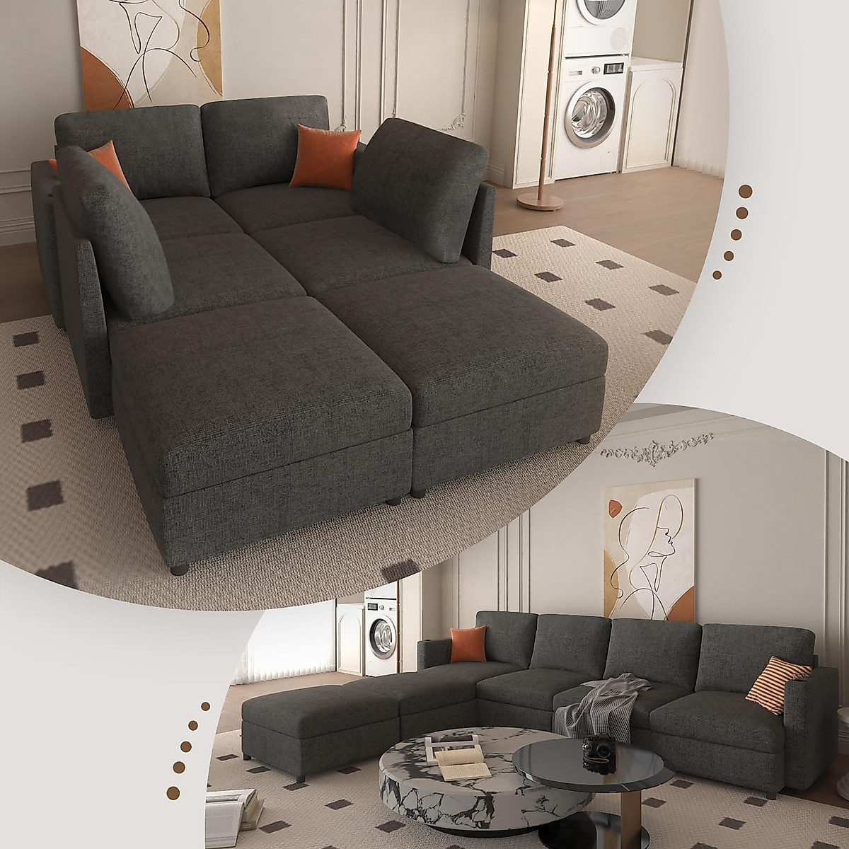 PDNOSC Modern Large Sectional Sofa, U-Shape Modular Sectional Sleeper Sofa with Storage,123" Sofa Bed with Ottoman,6 Seat Sectionals Chaise for Living Room,Chenille (Gray)