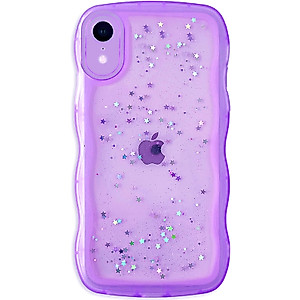 Qokey for iPhone XR Case 6.1 inch Curly Wave Edge Design Transparent Bling Glitter Star Shiny Case Cute Clear Transparent Full Protection Soft TPU Shockproof Phone Cover for Women Girls,Purple