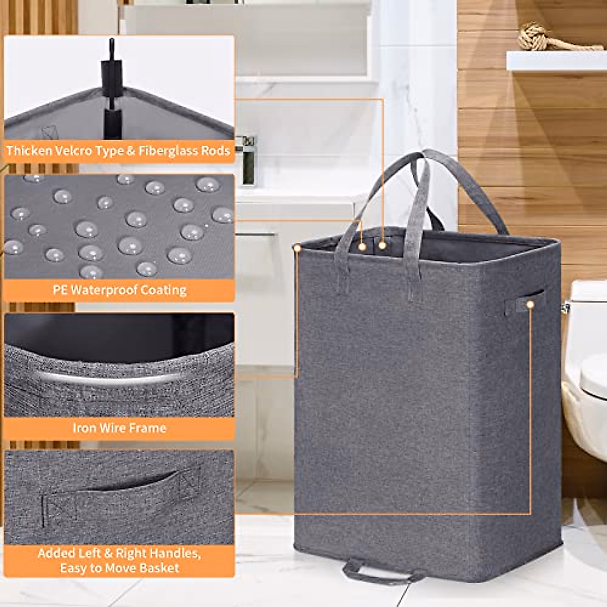 GhvyenntteS Large Freestanding Laundry Hamper Collapsible Laundry Basket with 2 Removable Bags, Sturdy Clothes Hamper with Bottom Plate and Metal Wire Frame for Bathroom Laundry Room, Grey