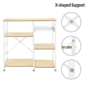 Baker's Rack 3 Tier Utility Storage Shelves with 5 Hooks Standing Storage Rack Floor Spice Rack Storage Shelf Organizer and Shelving Heavy Duty for Kitchens Microwave Living Room Bedroom (White)