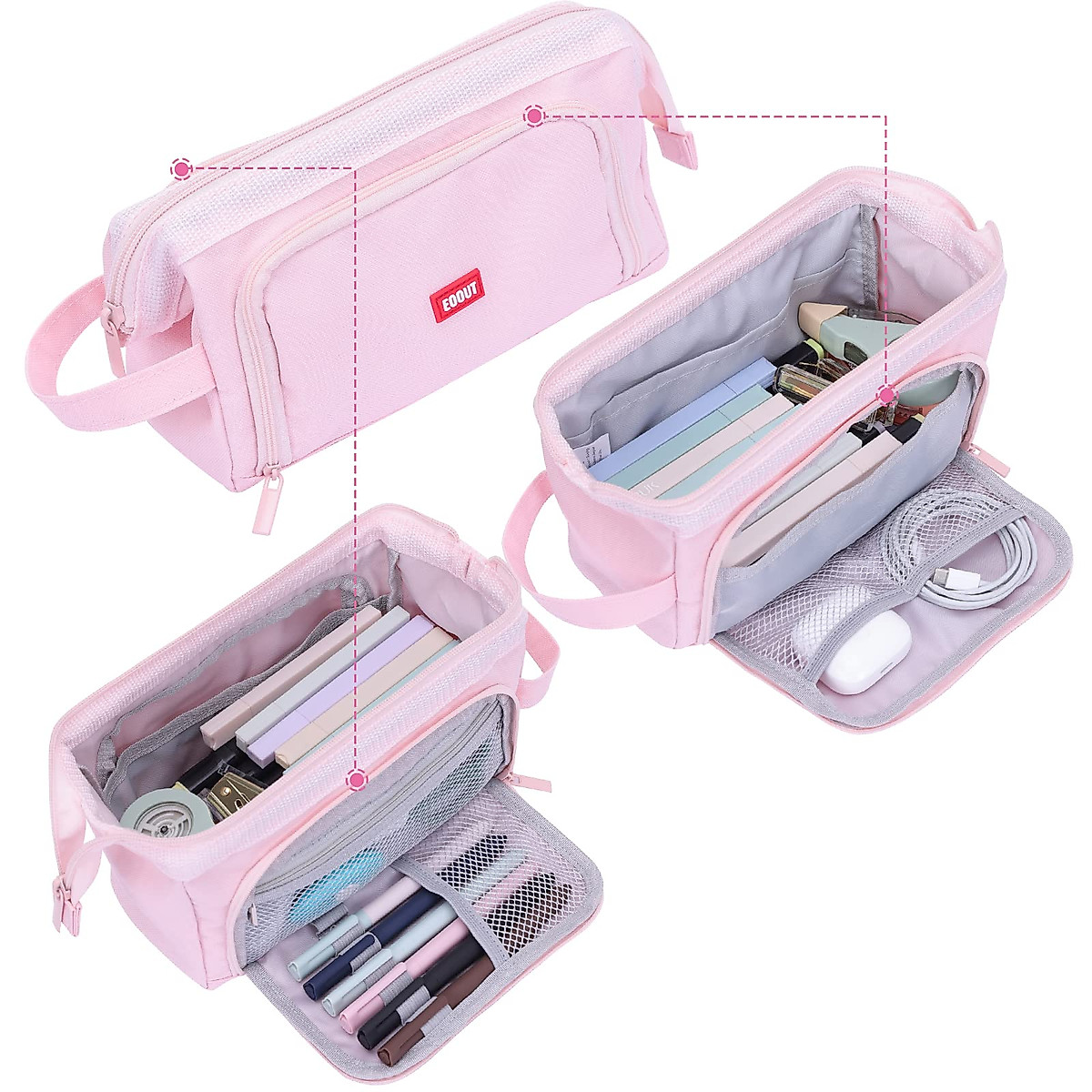 EOOUT Large Pencil Case, Big Capacity Pencil Bag with 3 Compartments, Can Hold 100 Pencils，Aesthetic School Supplies For Girls, Pink (Pink)