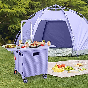 Foldable Utility Cart Folding Portable Rolling Crate with Magnetic Extended Lid,360°Rotate Wheels,176LBS Load Capacity,Heavy Duty Durable Dolly Cart for Teacher Tourist Shopping Office Outdoor Purple