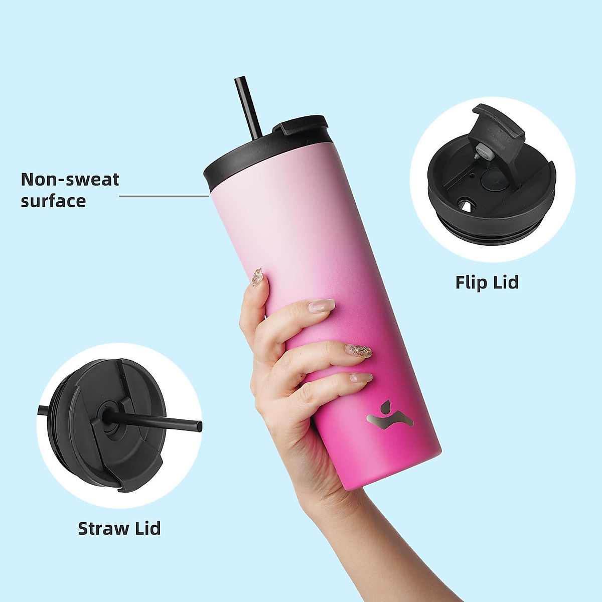 Konokyo 22 OZ Insulated Tumbler with Lid and 2 Straws Stainless Steel Water Bottle Vacuum Travel Mug Coffee Cup,Cherry