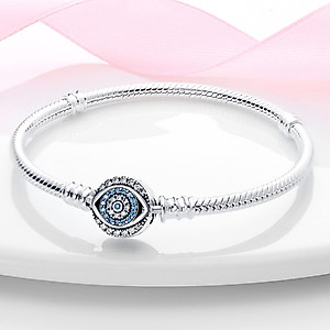 LENDPLEX 925 Sterling Silver Heart Clasp Snake Chain Bracelet Fit for Charm Bracelet-Evil eye 7.1 inch