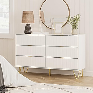 Aobafuir 6 Drawer Dresser, Drawer Chest, Tall Storage Dresser Chest Cabinet Organizer Unit with Metal Legs, Large Dresser for Bedroom, Living Room, Closet, Hallway White Stripe