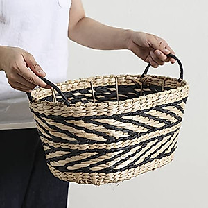 Motifeur Water Hyacinth and Paper Handwoven Basket (Assorted Set of 3, Beige and Black)