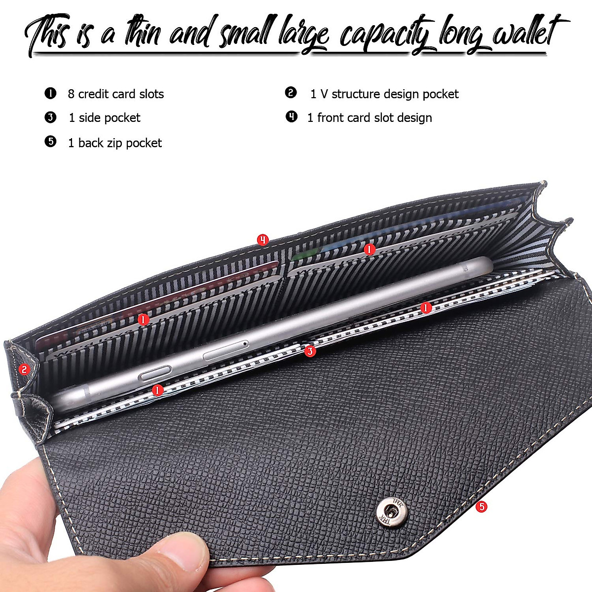 Borgasets Women's Wallet Leather RFID Ultra Thin Envelope Purse Travel Clutch with ID Card Holder and Phone Pocket (Crosshatch Black)