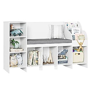 HOUSUIT Kids Bookshelf with Reading Nook, Bookcase with Seat Cushion and Adjustable Shelf, Storage Bench with Book Rack for Bedroom, Entryway, Playroom, 15.7" D x 54.5" W x 31.5" H, White