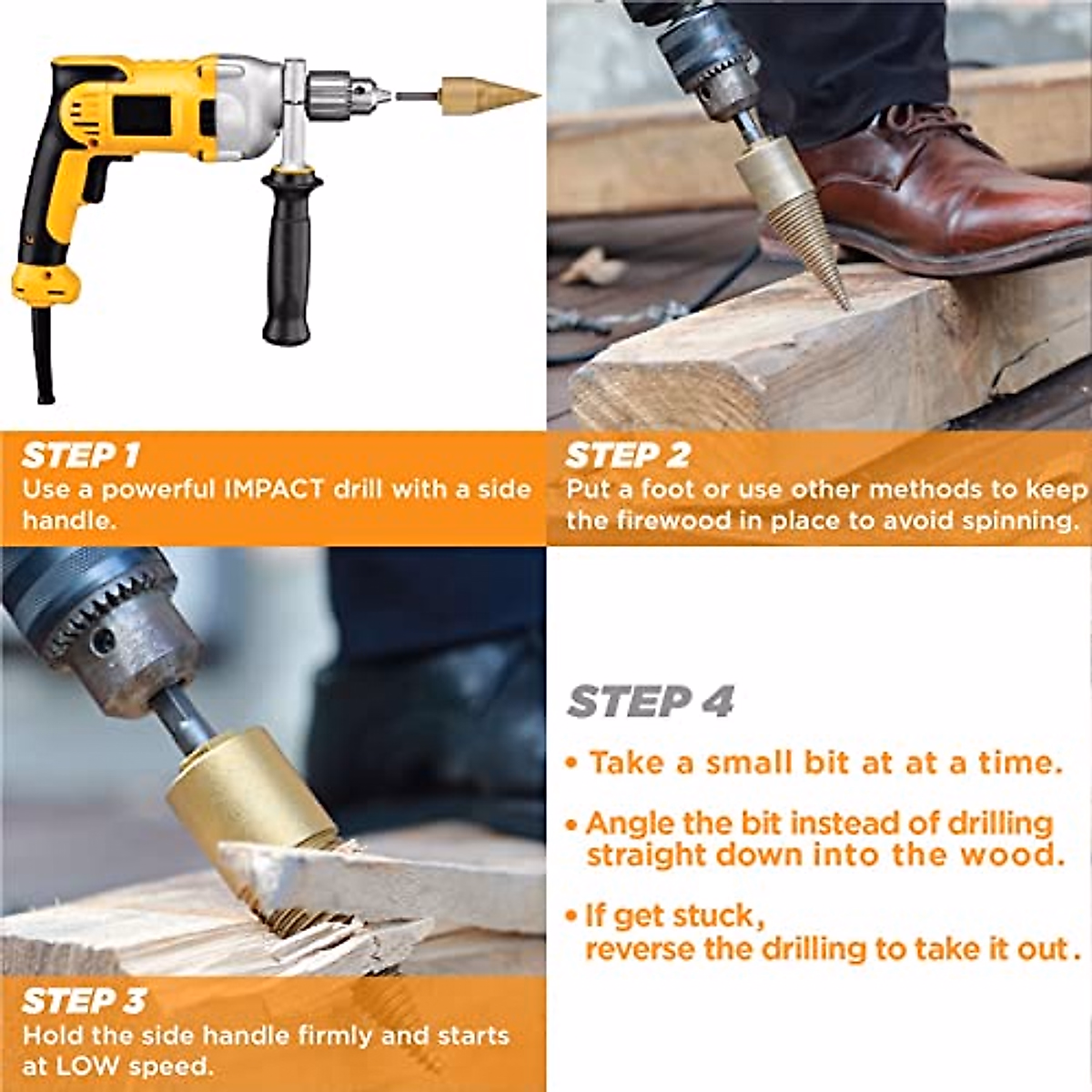 Jerax tools 42mm Kindling Cracker, Wood Splitting Drill Bit, Cone Firewood Splitter with Hex Shank for Family Outdoor Camping, Stove, Farm (42mm)