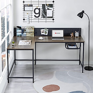 WOHOMO L Shaped Desk 65 Inch No Screw Quick Lock Computer Desk with Storage Basket Gaming Corner Writing Workstation Table with Shelf for Home Office Easy to Assemble, Walnut