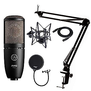 AKG P220 Condenser Microphone Bundle with Studio Stand, Pop Filter and XLR Cable (4 Items)