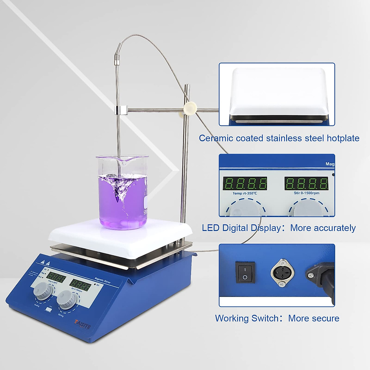 Digital Magnetic Hotplate Stirrer LED Display with Temperature Probe and Stir Bar Mixer 20L Stirring Capacity 350°C/662°F Hot Plate with Magnetic Stirrer 1500RPM