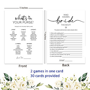 2 Bridal Shower Games, What's in Your Purse Game & Who Knows Bride Best -Set of 30, Double Sided Printed Minimalist Bridal Shower Cards, Wedding Party Game Cards for Guests, Bridal Shower Ideas-HLYX07