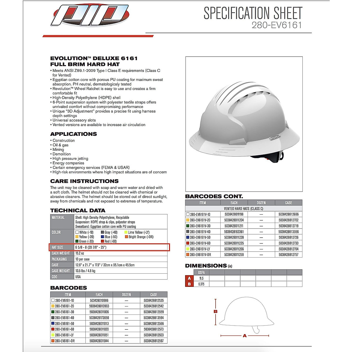 Evolution Deluxe 6161 280-EV6161-10V Full Brim Hard Hat with HDPE Shell, 6-Point Polyester Suspension and Wheel Ratchet Adjustment Vented, White