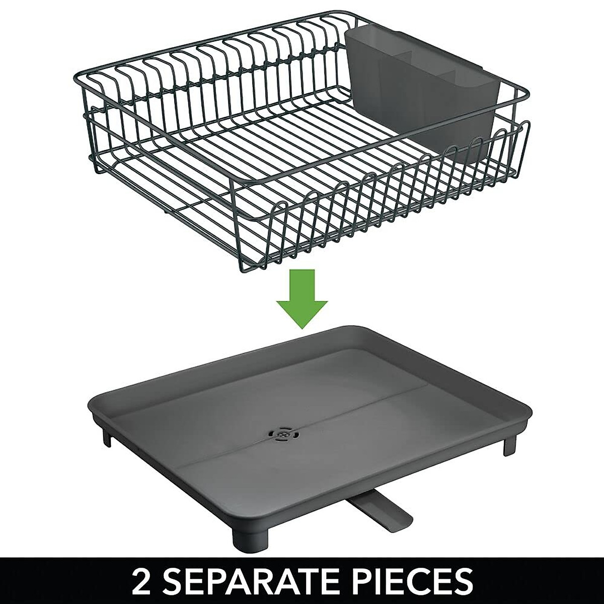 mDesign Large Metal Kitchen Countertop, Sink Dish Drying Rack - Removable Plastic Cutlery Tray, Drainboard with Adjustable Swivel Spout - 3 Pieces - Black/Charcoal Gray