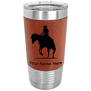 LaserGram 20oz Vacuum Insulated Tumbler Mug, Cowgirl Riding Horse, Personalized Engraving Included (Faux Leather, Basketball Style)