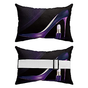 YOKOU Throw Pillow Covers Cases, Purple Lipstick and High Heel Black Durable Waterproof Cushion Covers with Strap, Ideal for Couches, Cars and Beach Chairs, 2pcs-12"X20"