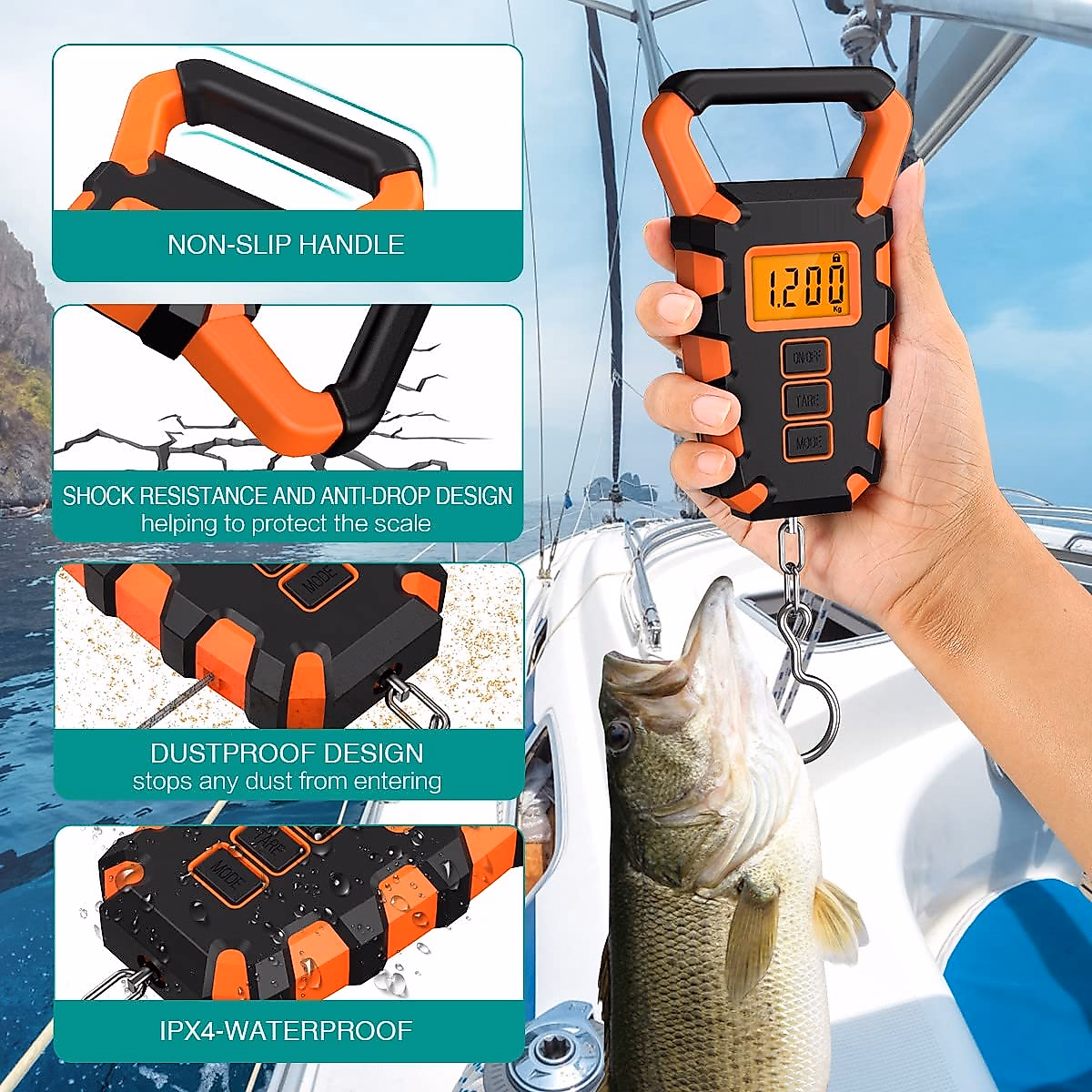 ORIA Digital Fishing Scale with Ruler, Fishing Postal Hanging Hook Scale, 110lb/50kg Waterproof Luggage Scale with Measuring Tape, Luggage Hook, Backlit LCD Display, Orange