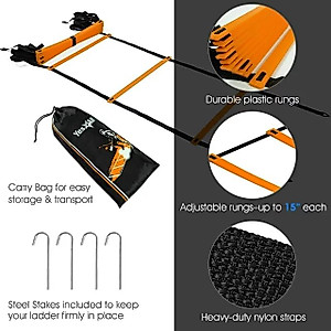 Yes4All Ultimate Combo Agility Ladder Training (Orange) Set – Speed Agility Ladder Orange 12 Adjustable Rungs, 12 Agility Cones & 4 Steel Stakes - Included Carry Bag