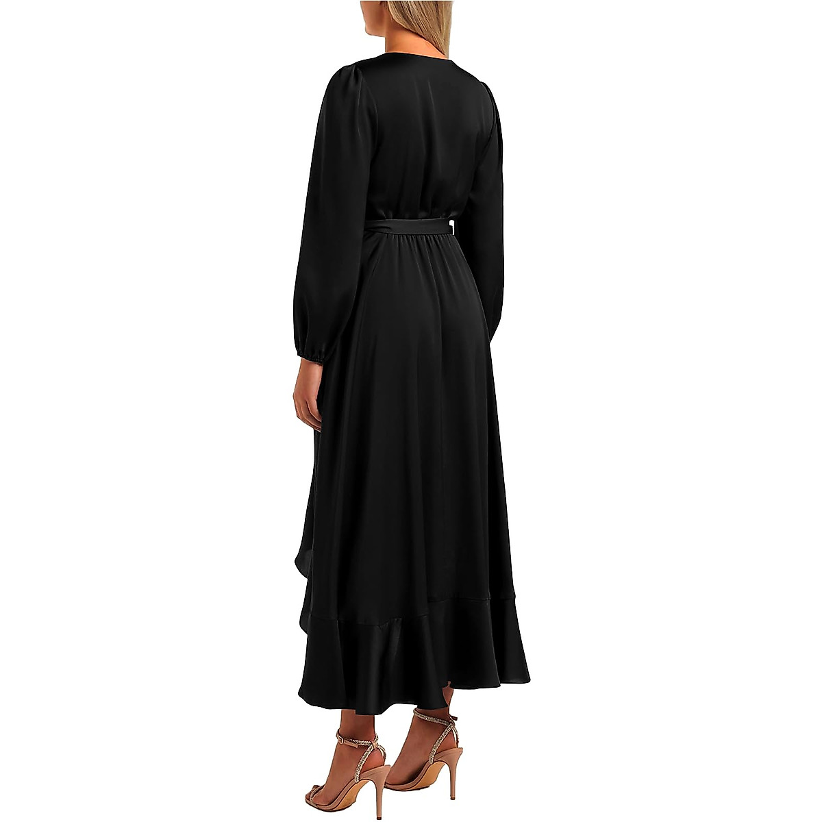 PRETTYGARDEN Women's Satin Fall Dress Semi Formal Satin Long Sleeve Wrap V Neck Ruffle Belted A-Line Flowy Maxi Dresses (Black,Small)