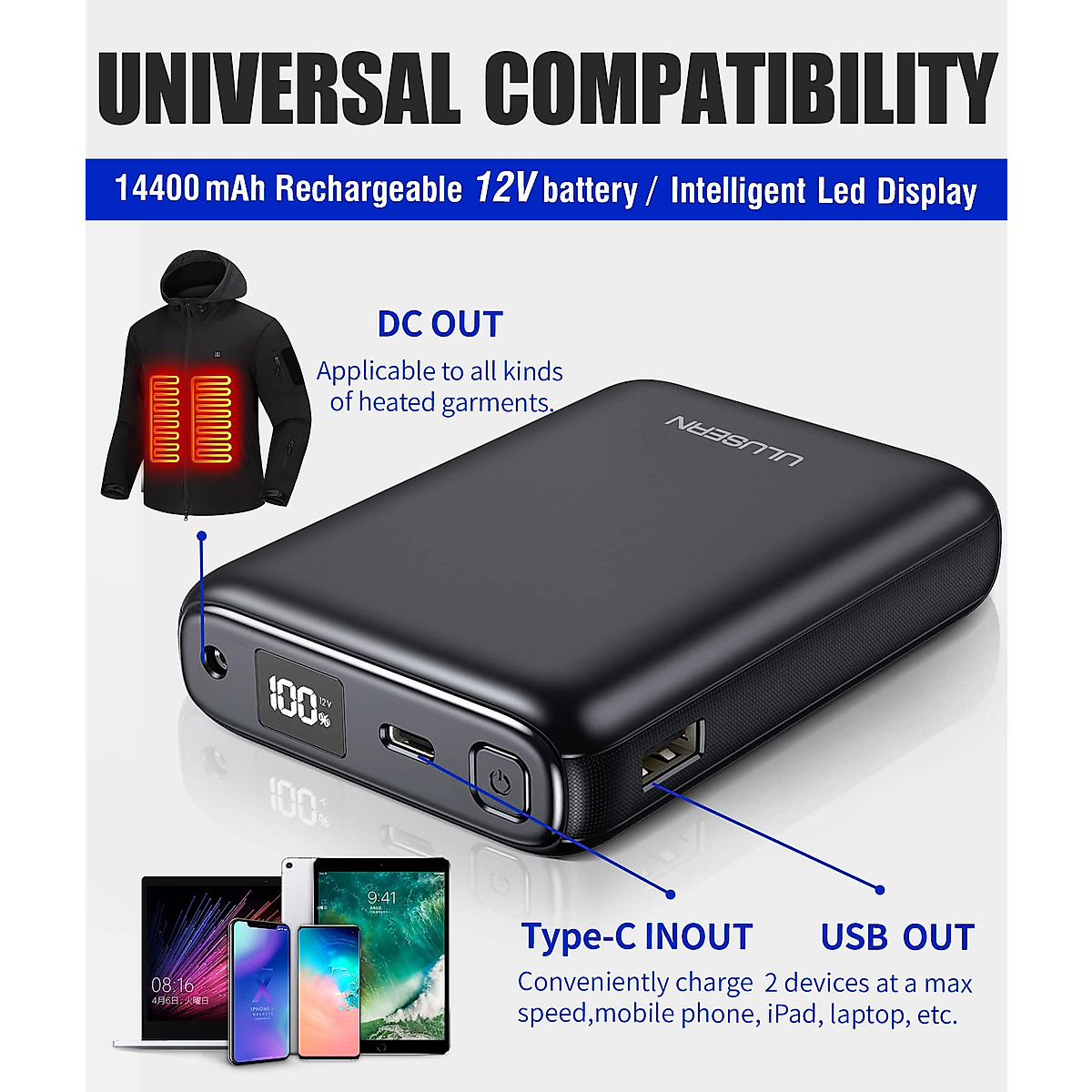 ULUSERN Rechargeable Battery/Power Bank 12v 14400mAh for Heated Jackets, Heated Hoodies and Heated Vests,DC Port Diameter : 4mm