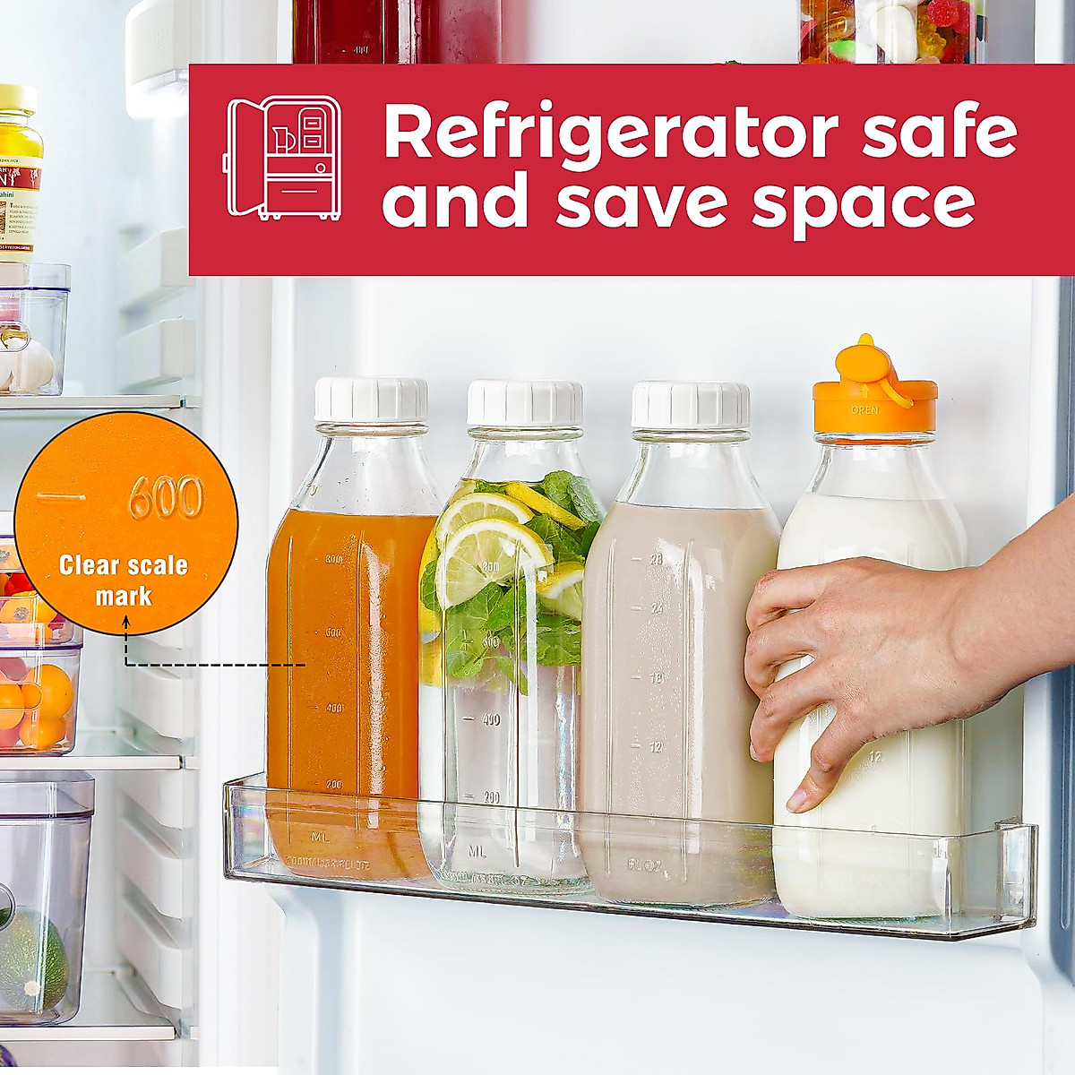 Dwbligt 32 oz Reusable Glass Milk Bottles with Silicone Dispenser Cap, 2 Pack Glass Jars with Airtight Screw Lid, Leak Proof Glass Juice Bottles with Scale Mark for Fridge