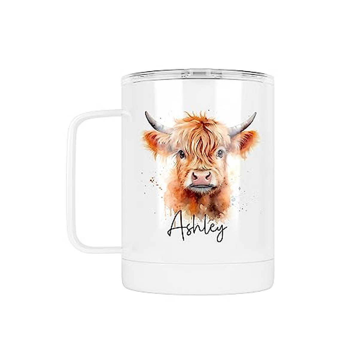 Personalized Highland Cow Mug with Name - Highland Cow Gifts for Women - Lightweight Stainless Steel Coffee Cup Travel Tumbler with Handle - Printed Design on Both Sides