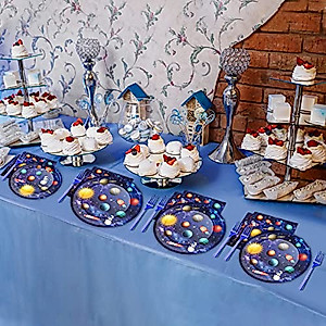 Tevxj 96 Pieces Outer Space Party Decorations Supplies Galaxy Party Tableware Set Outer Space Birthday Party Dessert Plates Napkins Forks for 24 Guests Boy or Girl Party Favors