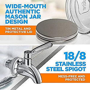 NutriChef 2-Gallon Glass Beverage Dispenser - Mason Jar Style Drink Container Jug w/Stainless Steel Spigot & Plastic Ice Infuser, Wide Mouth Easy Filling, 100% Leak-proof Lid, For Party or Daily Use