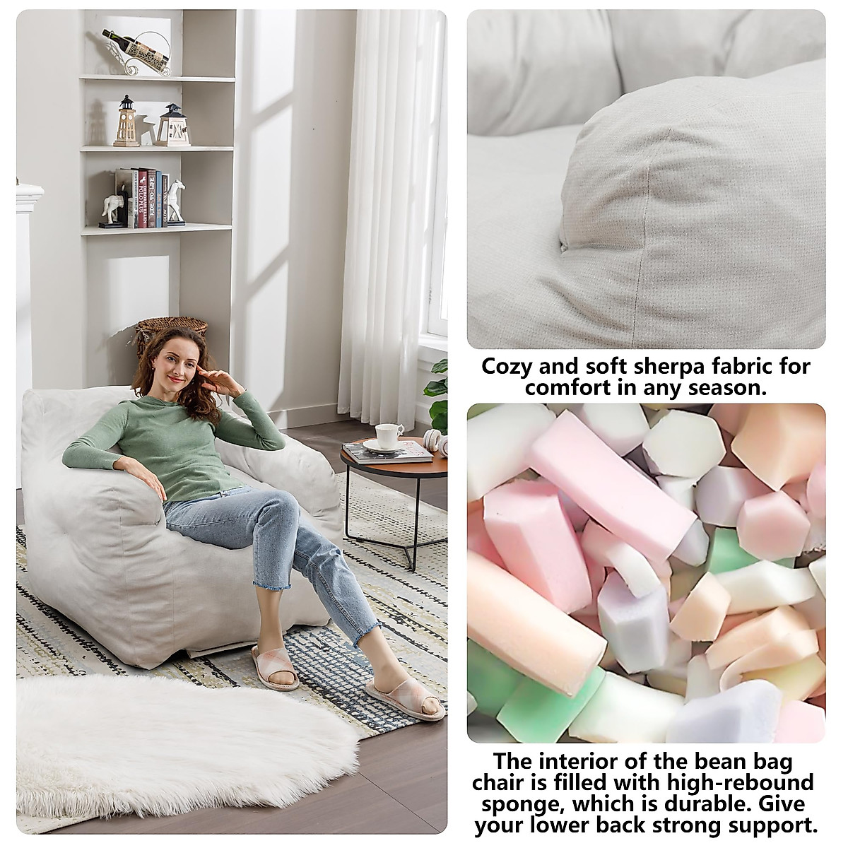 Recaceik Bean Bag Chairs, Soft Cotton Linen Bean Bag Chair with Filler, Fluffy Lazy Sofa, Comfy Cozy BeanBag Chair with Memory Foam for Small Spaces, Bedroom, Living Room, Dorm,Ivory