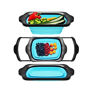 XL Large Kitchen Strainer by Comfify - Collapsible Silicone Over-The-Sink Colander with Extendable Handles - Use with Pasta, Fruit, Berries & Veggie - 6 Quart - Blue