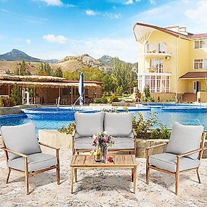 SUNCROWN 4-Piece Outdoor Patio Sofa Furniture Set Heavy Duty Conversation Set, Metal Frame Armchairs Loveseat Set with Grey Cushions and Coffee Table, Grey